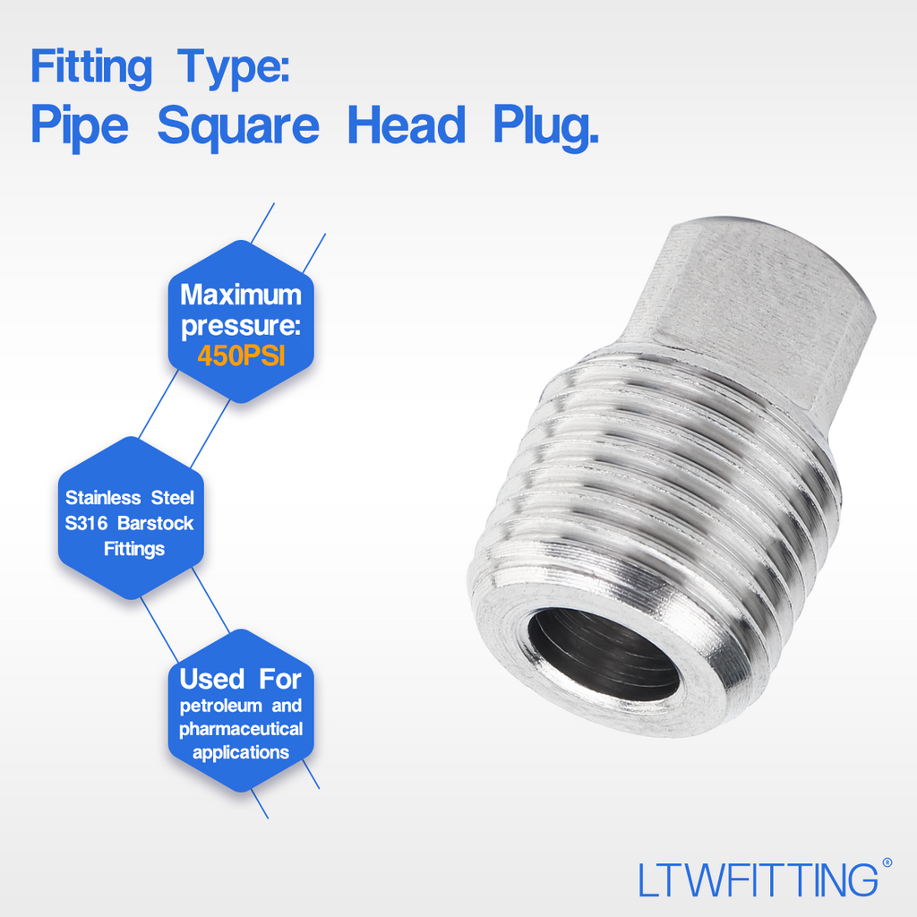 LTWFITTING Stainless Steel 316 Pipe Square Head Plug Fittings 1/8-Inch ...