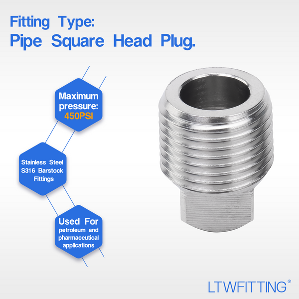 LTWFITTING Stainless Steel 316 Pipe Square Head Plug Fittings 3/8-Inch ...
