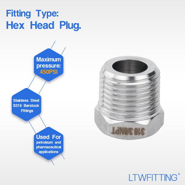 LTWFITTING Stainless Steel 316 Pipe Hex Head Plug Fittings 3/8-Inch Ma ...